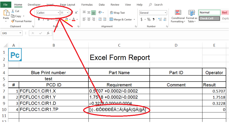 The Excel Report from PC-DMIS has gibberish font for the GD&T Feature ...