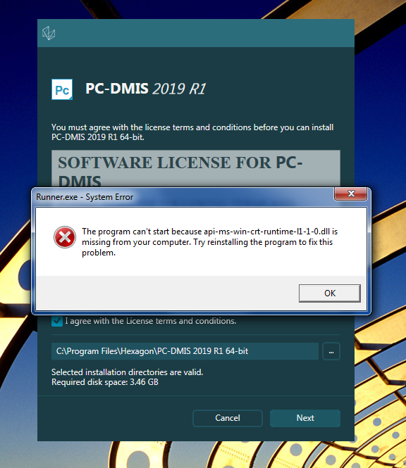 Installation failed with the message: "PC-DMIS....An error occured" or ...